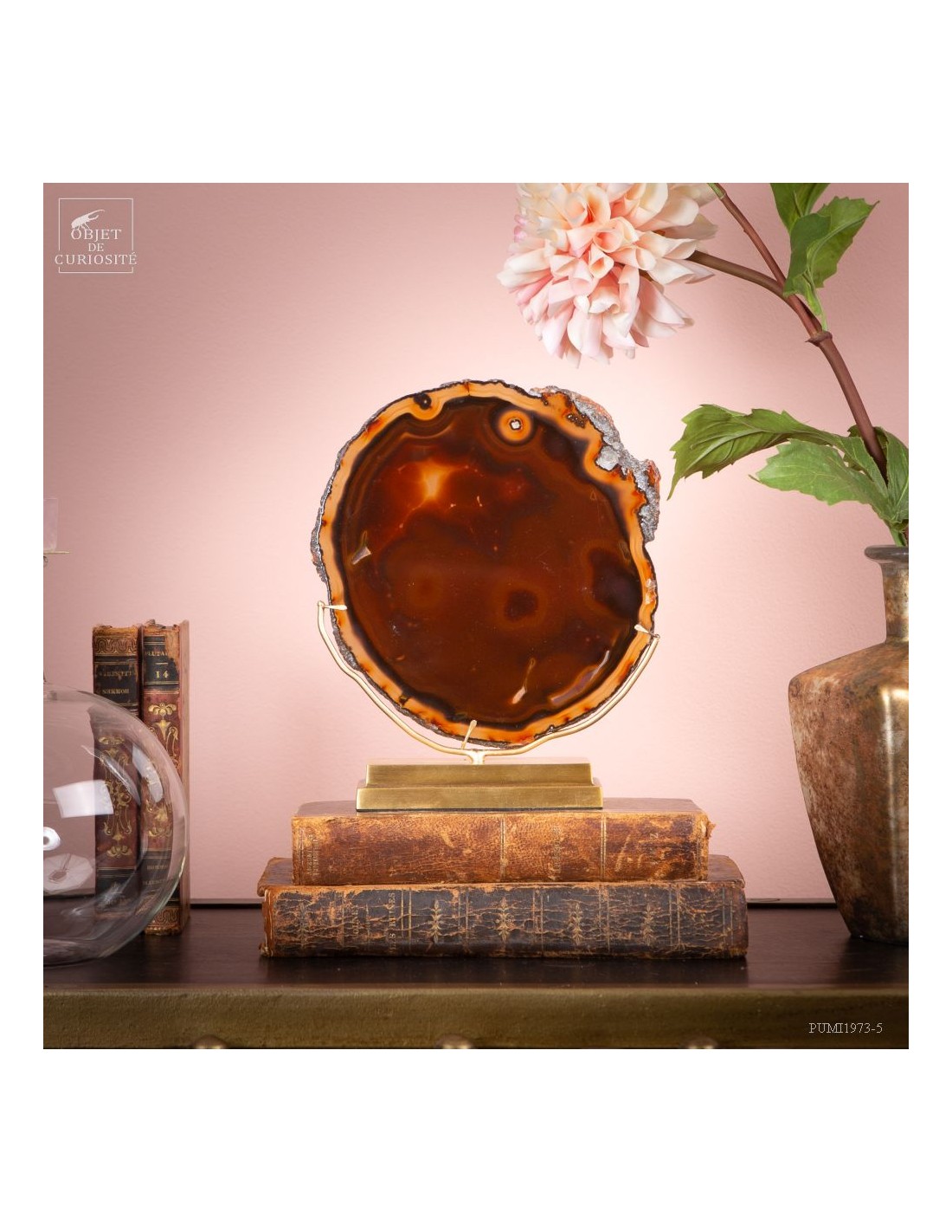Agate dorée en tranche sur socle laiton