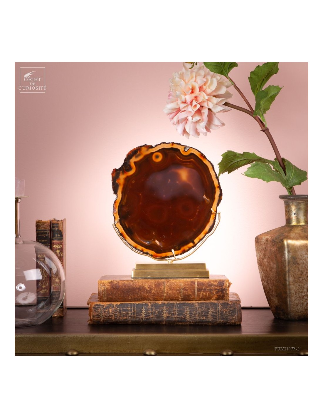 Agate dorée en tranche sur socle laiton