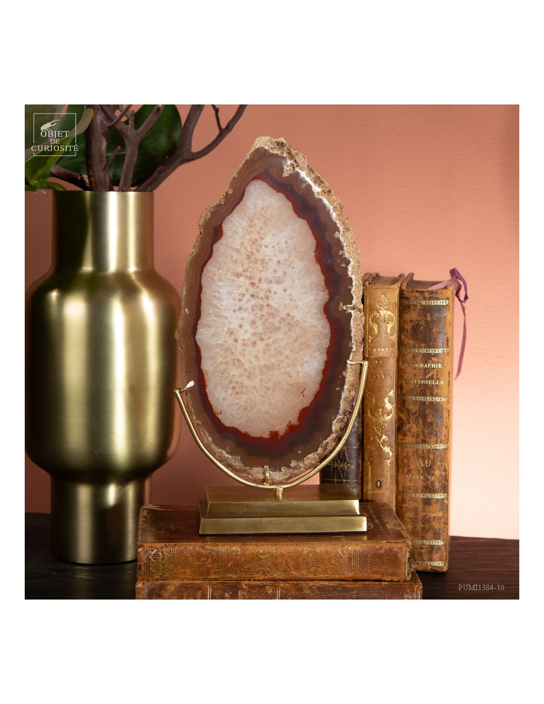 Tranche d'agate allongée socle laiton