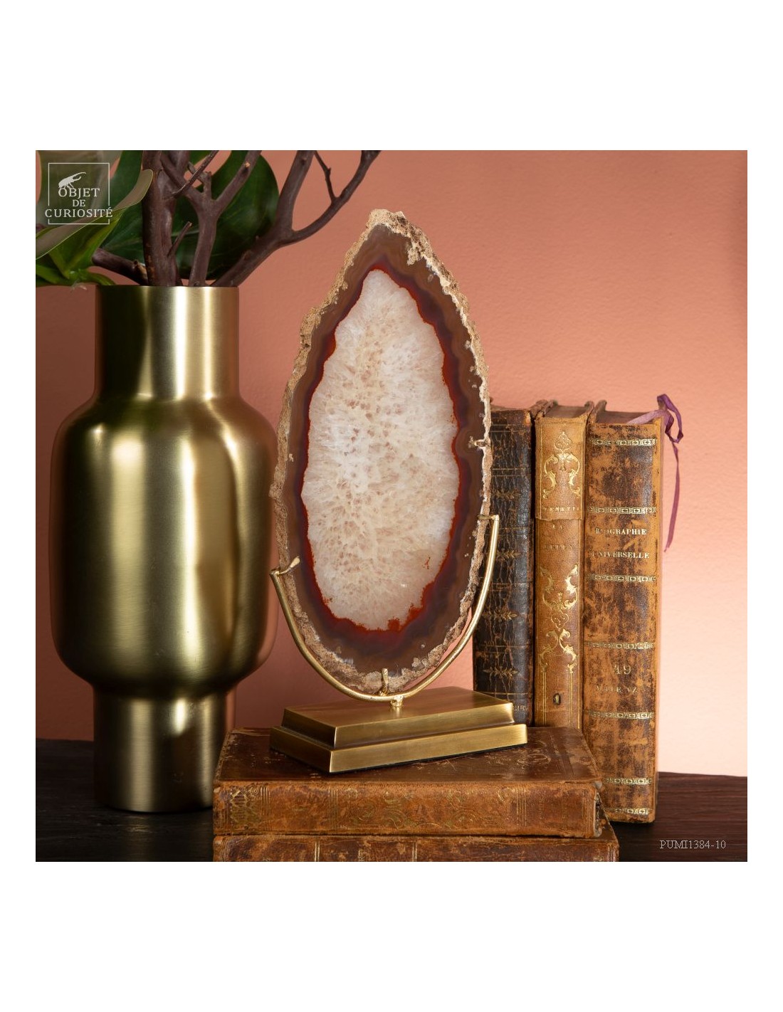 Tranche d'agate allongée socle laiton