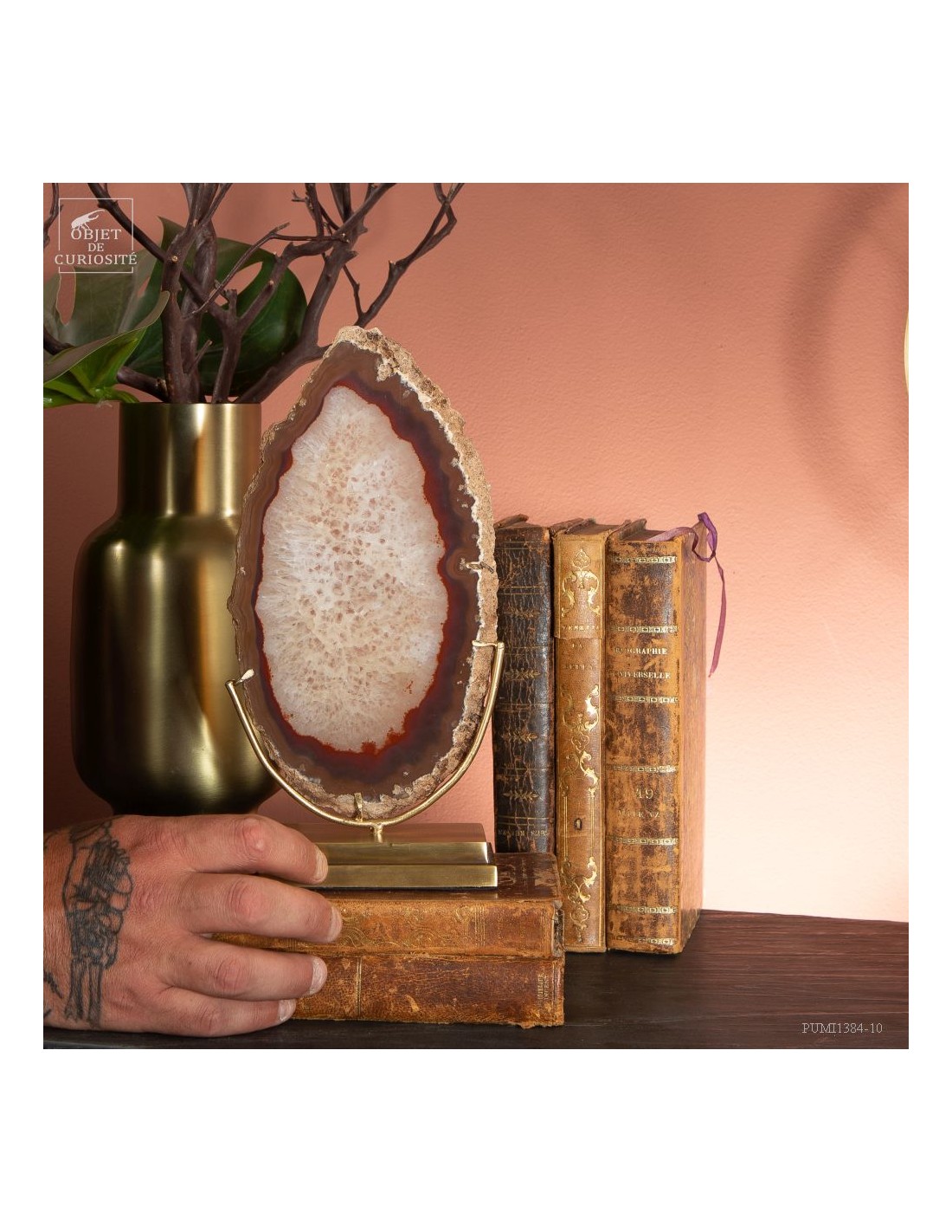 Tranche d'agate allongée socle laiton